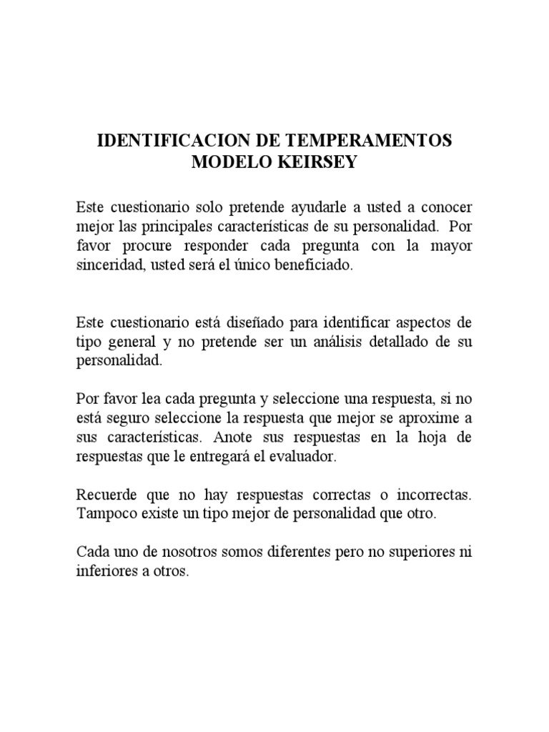Cuestionario de Temperamentos Keirsey | PDF | Relaciones personales ...