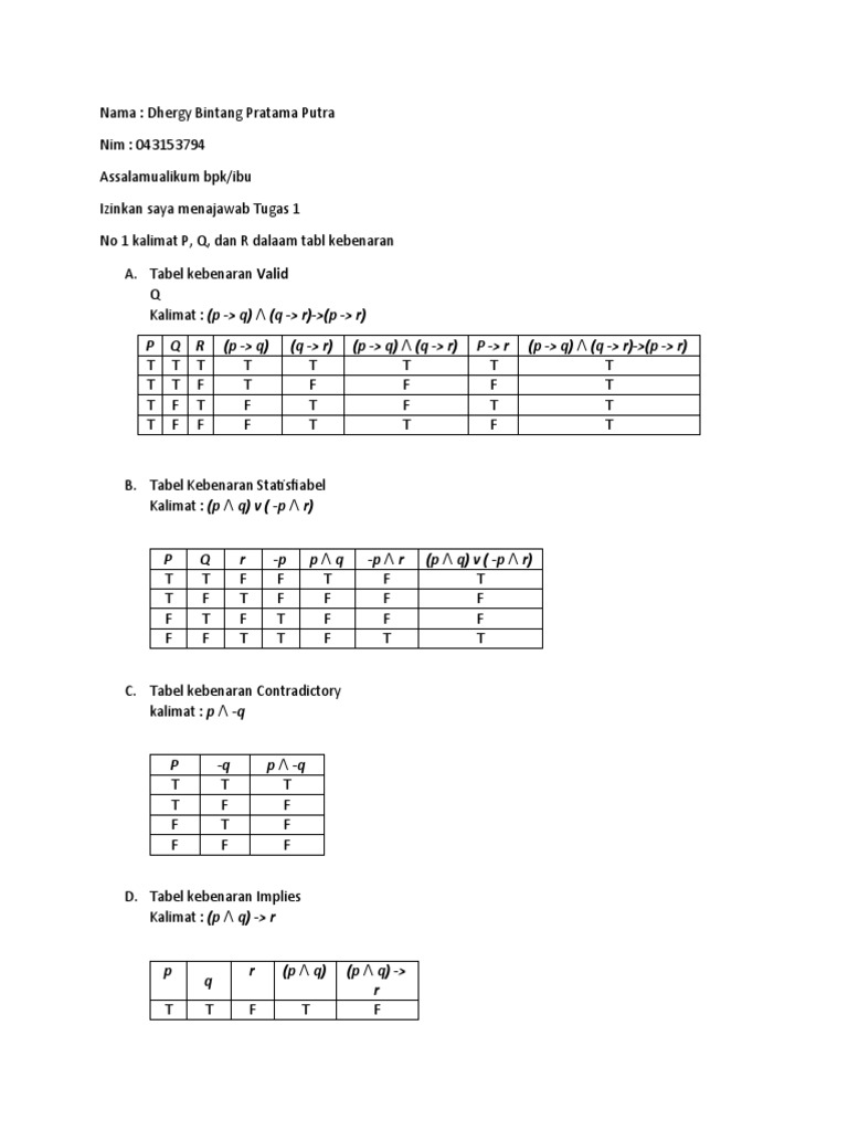 Tugas 1 Logika Informatika Dhergy Bintang Pratama Putra 043153794 | PDF Tugas 1 Logika Informatika Dhergy Bintang Pratama Putra 043153794 | PDF
