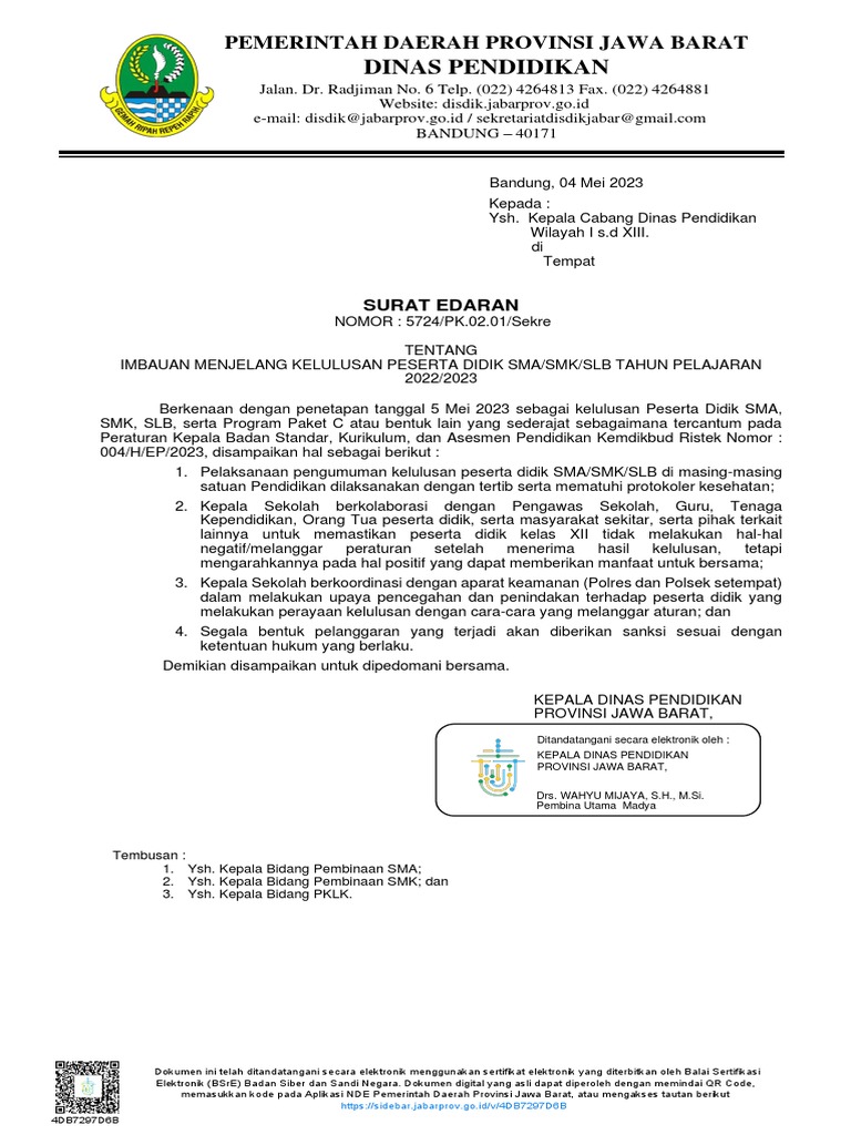 SURAT EDARAN HIMBAUAN MENJELANG KELULUSAN PESERTA DIDIK TAHUN PELAJARAN 2022 2023 04052023 ...
