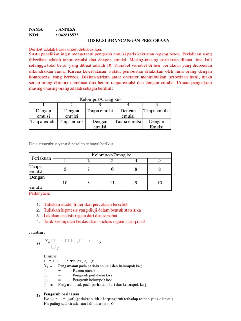 Diskusi 3 Rancangan Percobaan Annisa 042818573 PDF | PDF