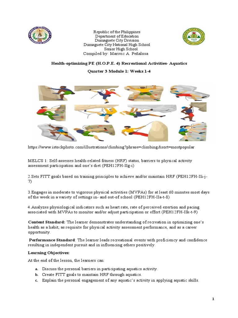 Health-Optimizing PE (H.O.P.E. 4) Recreational Activities-Aquatics Quarter 3 Module 1: Weeks 1-4 ...