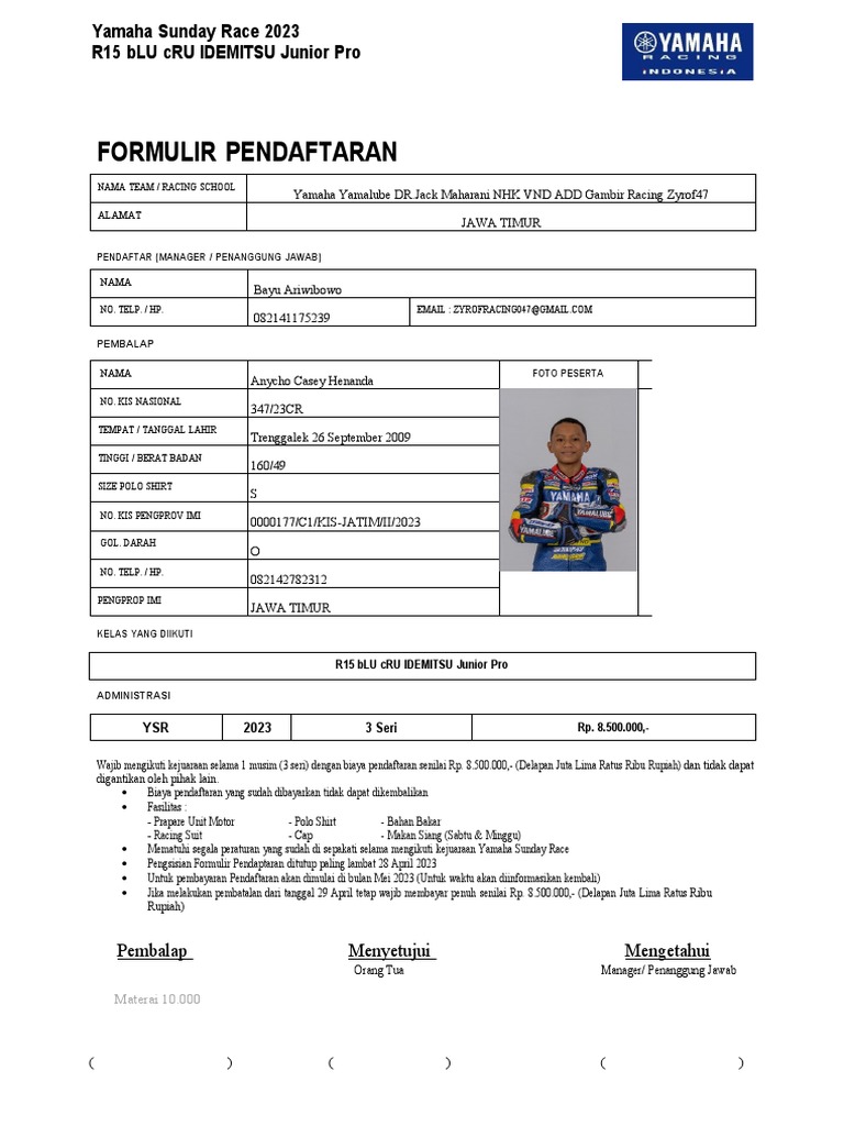 Form Pendaftaran All New R15 Idemitsu Junior Pro YSR 2023 CHIKO | PDF