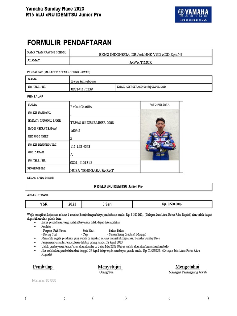 Form Pendaftaran All New R15 Idemitsu Junior Pro YSR 2023 RAFAEL | PDF