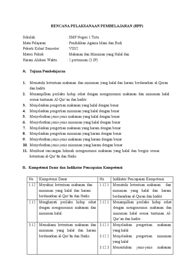 RPP Kls 8 Bab Halal Haram | PDF | Kesehatan Holistik