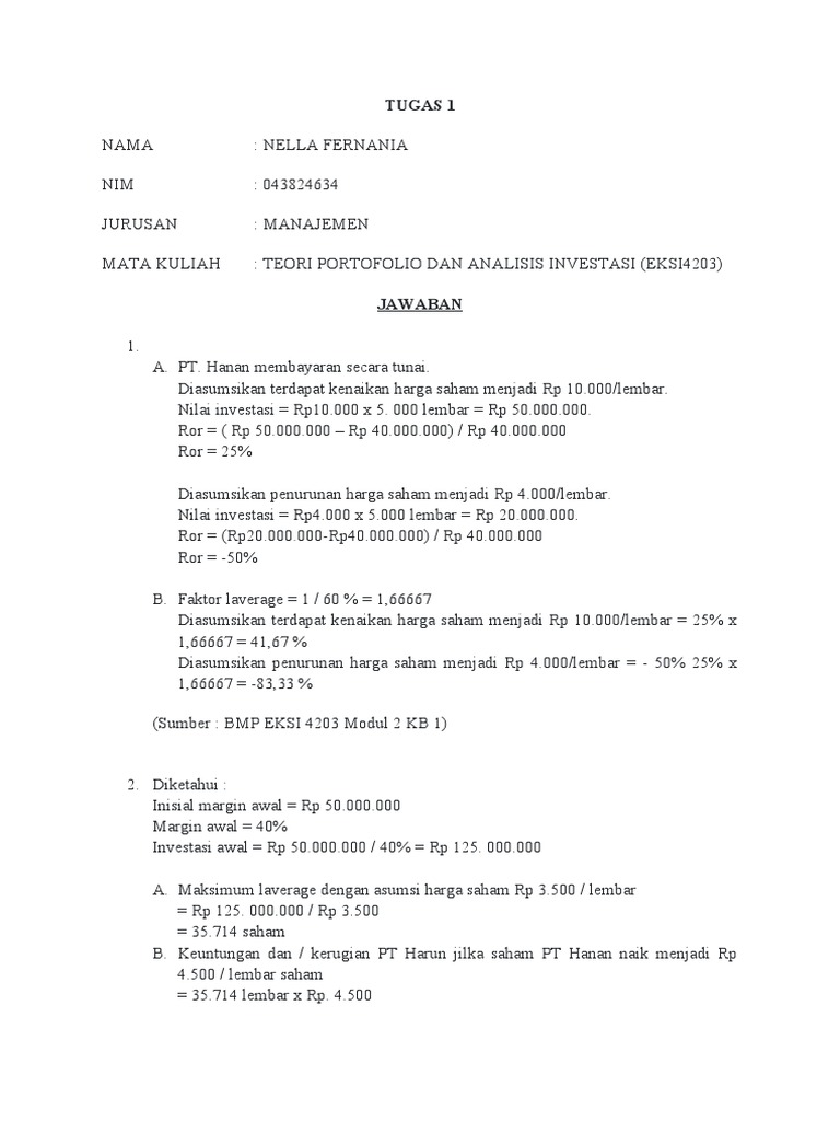 Tugas 1 Teori Portofolio Dan Analisis Investasi (Nella Fernania-043824634) | PDF