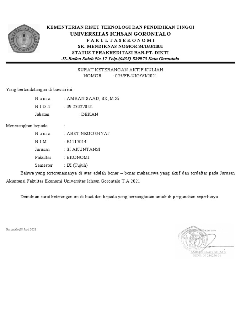 Surat Aktif Kuliah ABET TEBAI | PDF