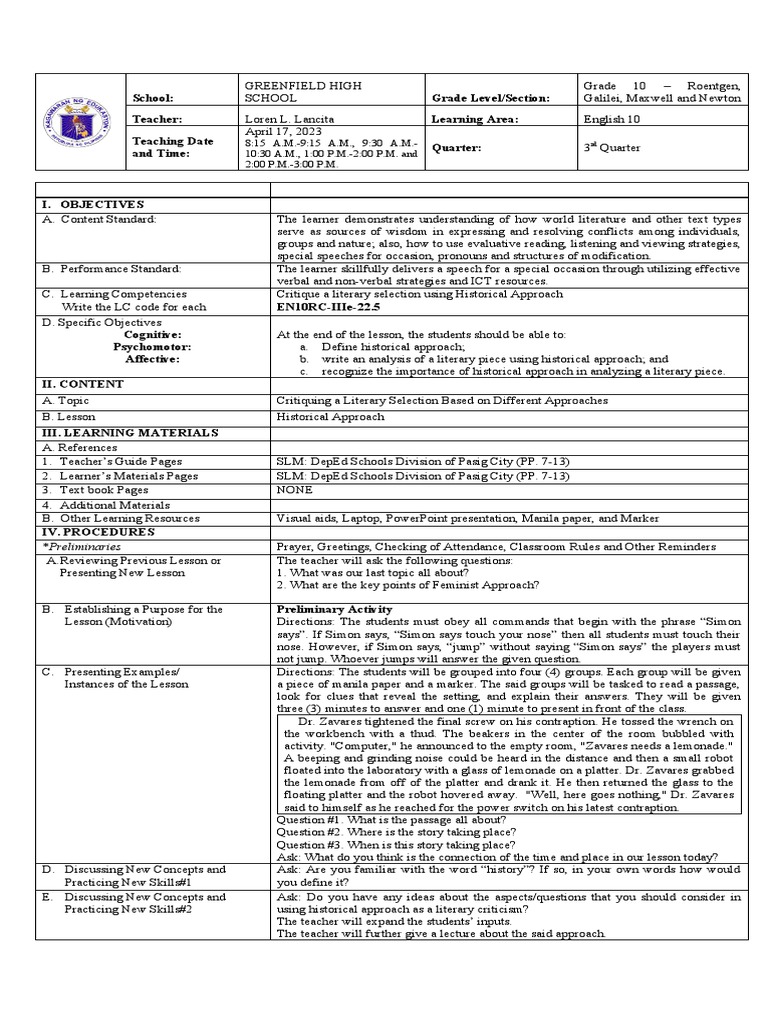 Lesson Plan-Historical Approach_1 | PDF