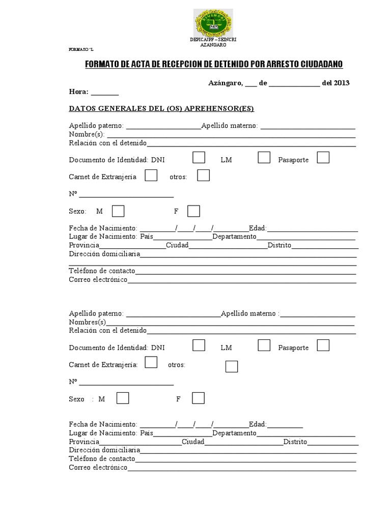 Acta de Recepción de Detenido 2013 | PDF | Ciencias sociales