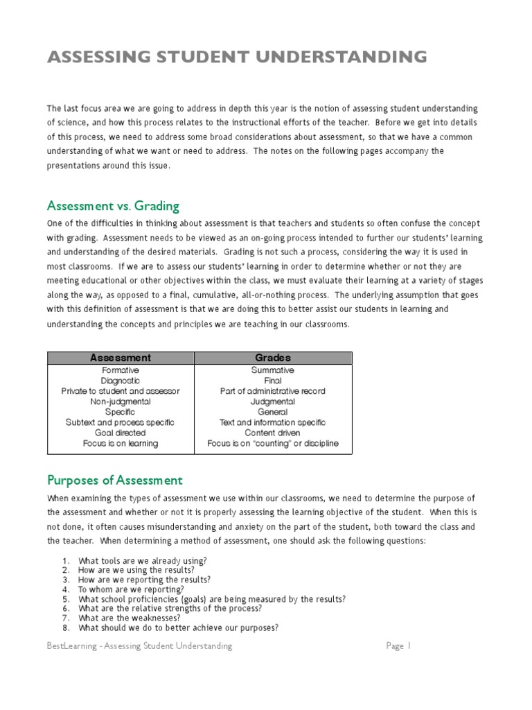 Assessing Student Understanding: Assessment vs. Grading | PDF ...