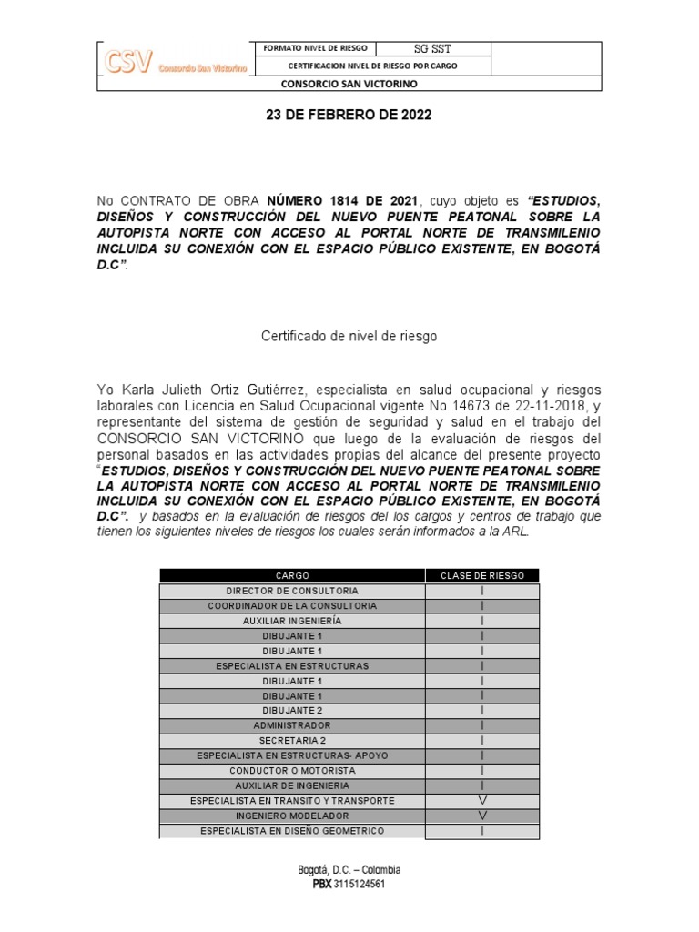 1 Formato Certificado Nivel de Riesgo Por Cargo | PDF