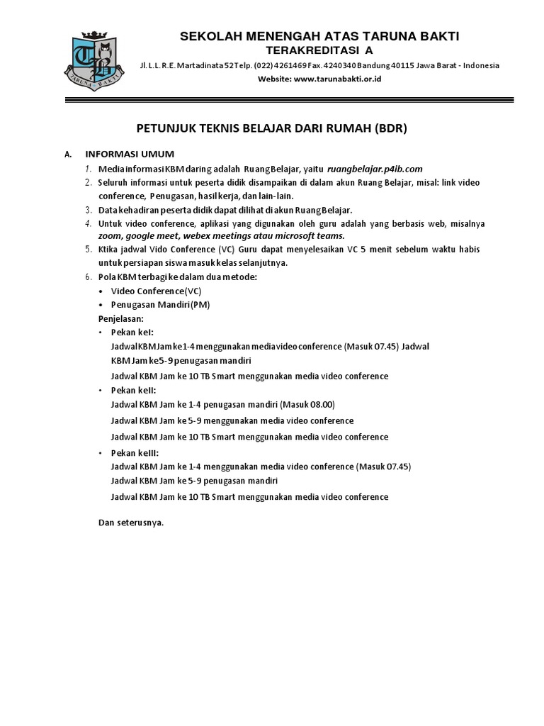 Petunjuk Teknis Belajar Dari Rumah SMA Taruna Bakti S1 2122 PDF | PDF