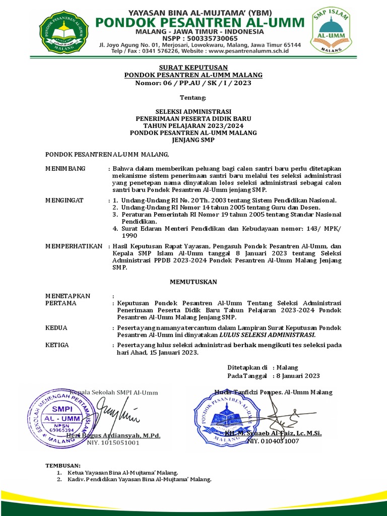 SK. Seleksi Administrasi SMP PPDB 2023-2024 PDF | PDF