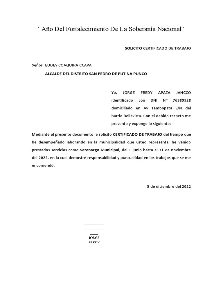 Solicitud - Certificado de Trabajo | PDF