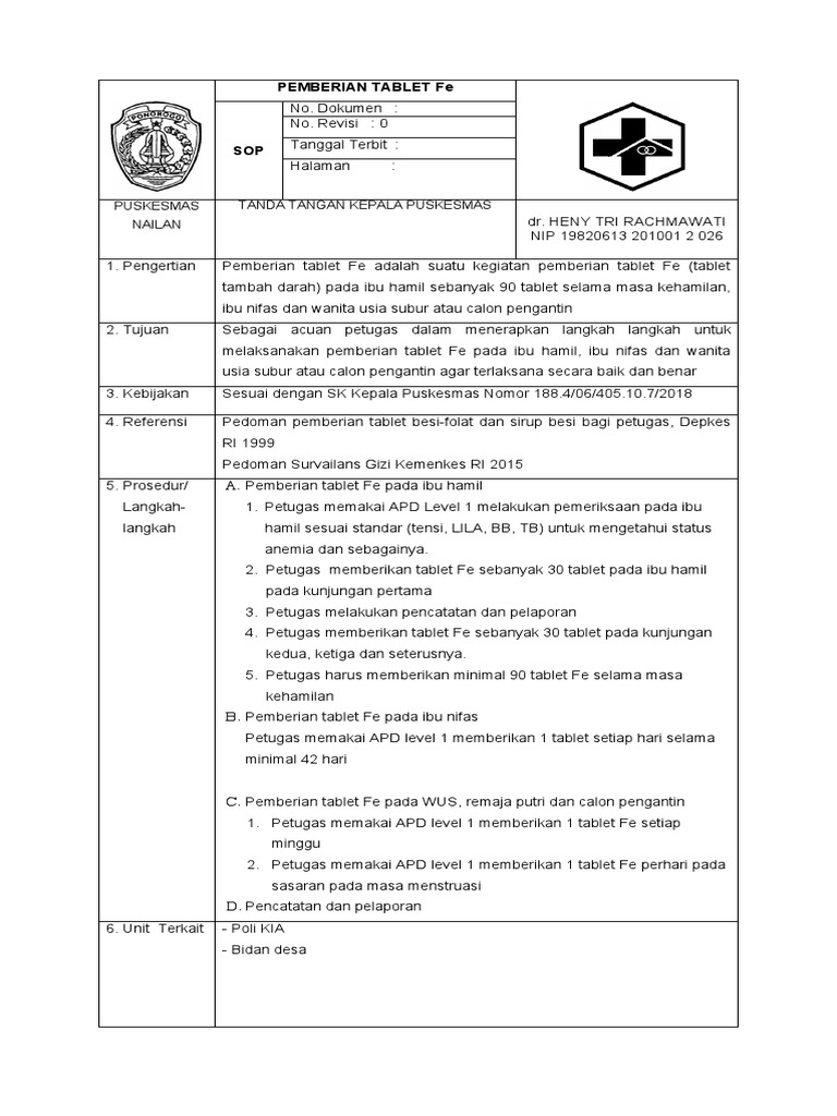 8 SOP PEMBERIAN TABLET FE.docx | PDF