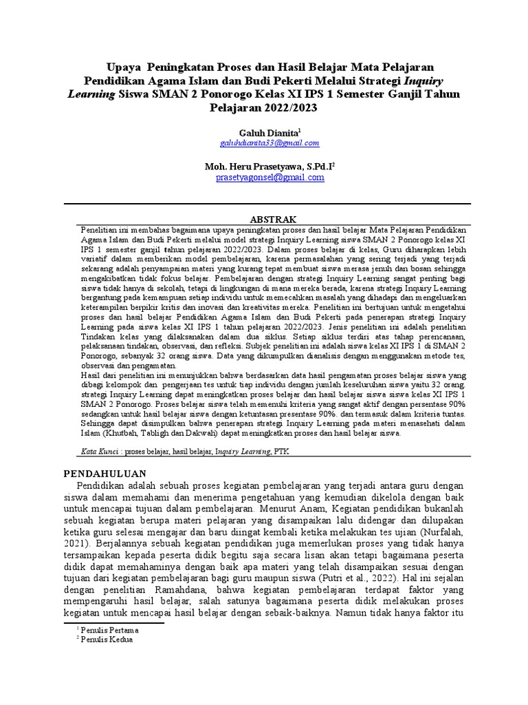 Upaya Peningkatan Proses Dan Hasil Belajar Mata Pelajaran Pendidikan Agama Islam Dan Budi ...
