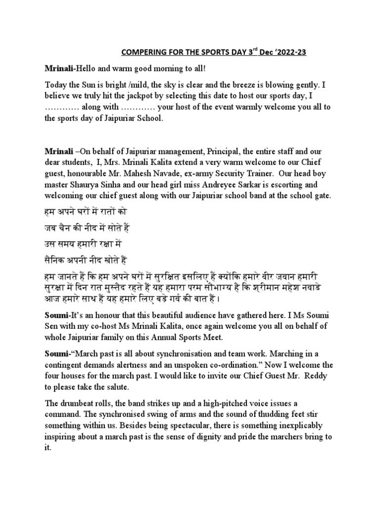 Sports Day Anchoring Script | PDF | Religion & Spirituality