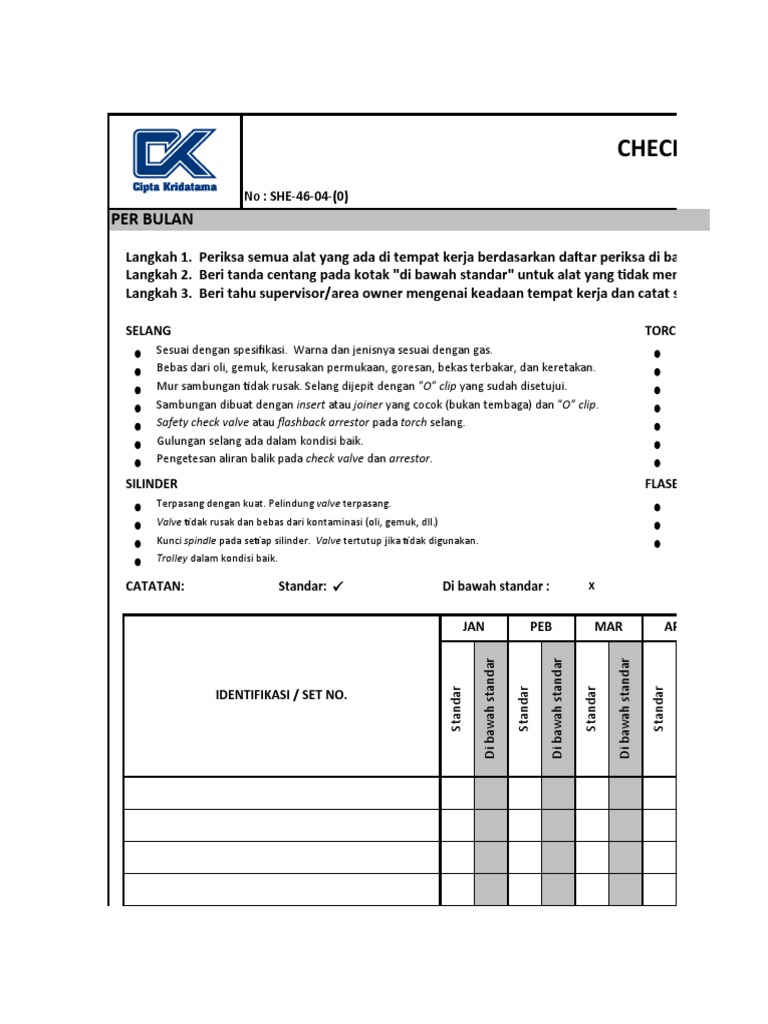 SHE-46-04 - (0) Checklist Inspeksi Peralatan Pengelasan Dan Pemotongan ...