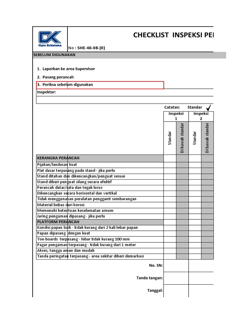 SHE-46-08 - (0) Checklist Inspeksi Perancah (Scaffolding) | PDF