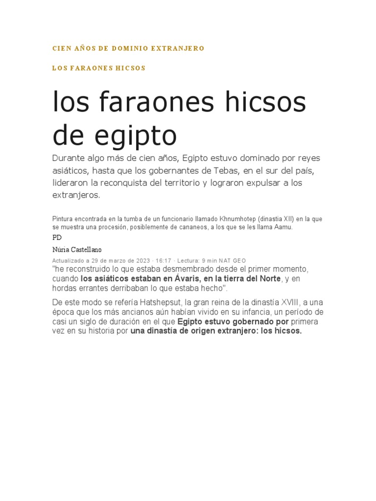 Cien Años de Dominio Extranjero. Los Faraones Hicsos | PDF