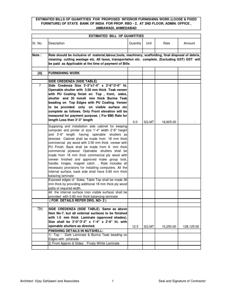 Interior Furnishing Work Estimate | PDF