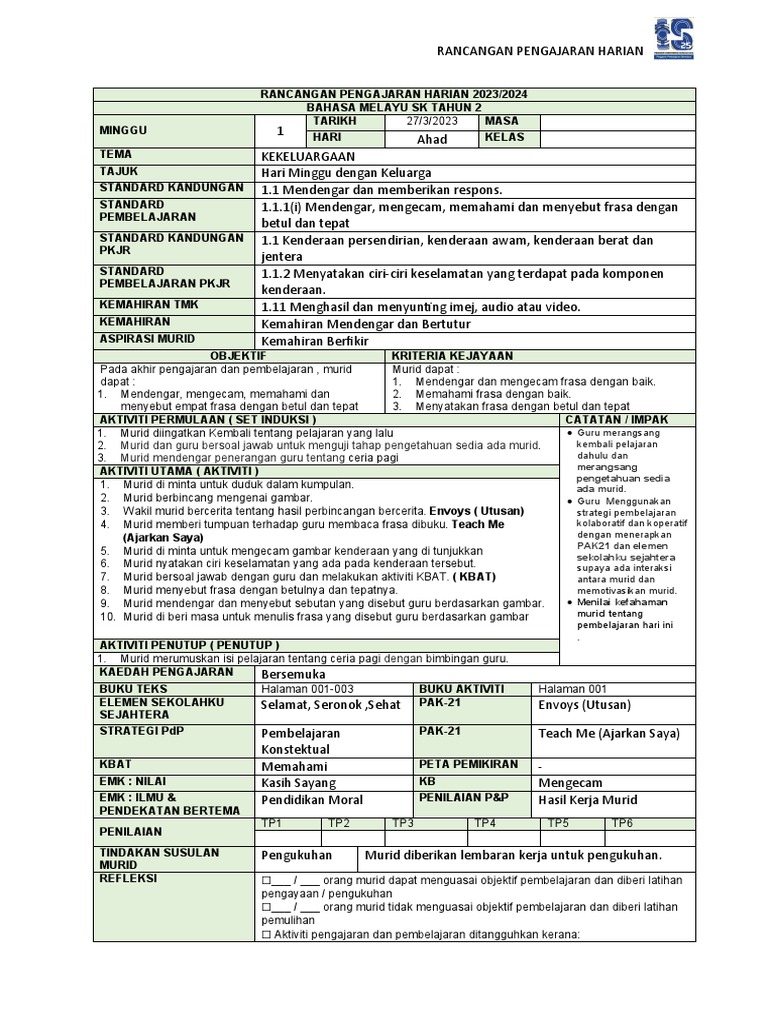 RPH Minggu 1 BM SK THN 2 2023 by Cikgu Gorgeous | PDF