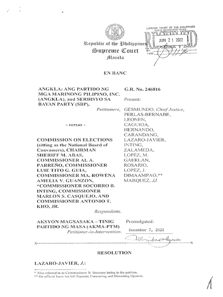 Angkla vs. Comelec: G.R. 246816 Ruling | PDF | Governance | Government