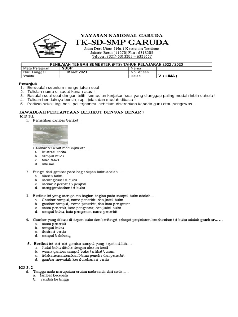 Penilaian Tengah Semester Gasal SD Garuda SBDP KLS V - Revisi (Maria) | PDF