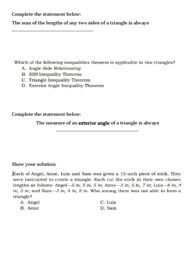 Group Performance Task1-Math 8 Illustrating Triangle Inequalities | PDF | Triangle ...
