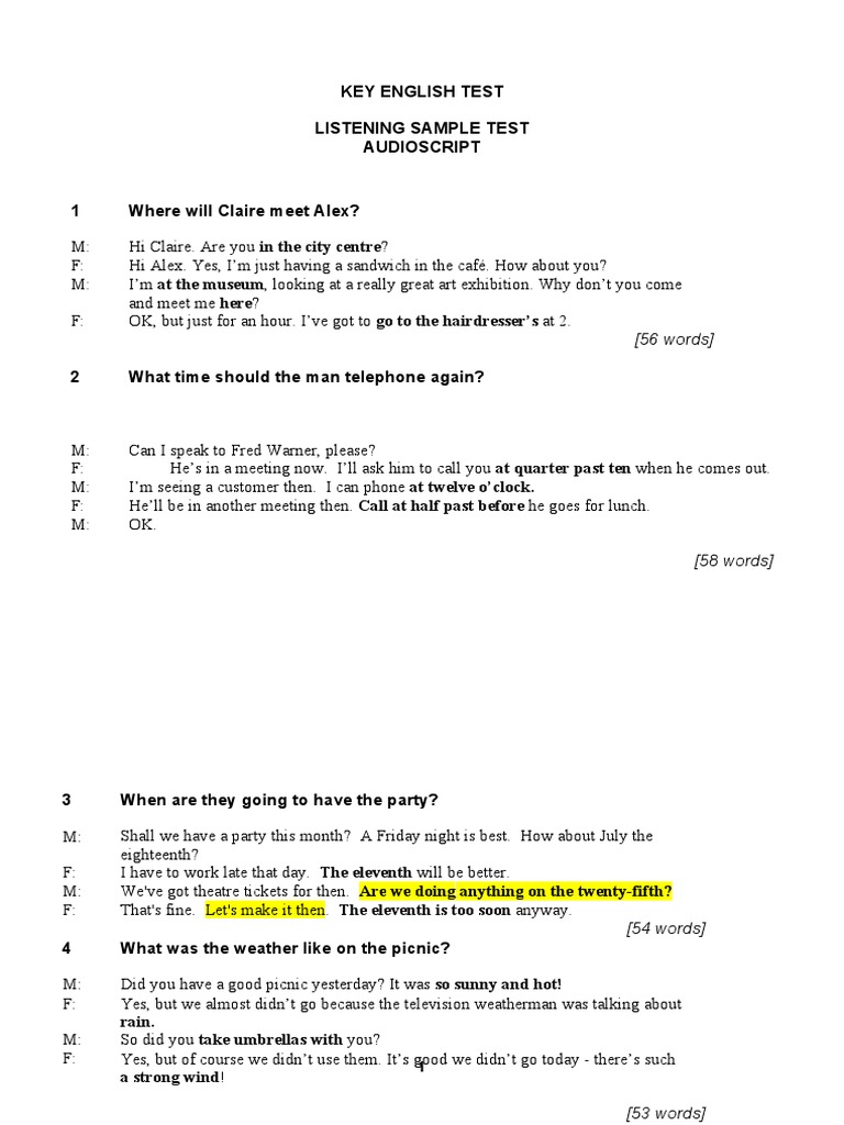 A2 Key 2020 sample tests Listening - tape script (1) (1).docx | PDF