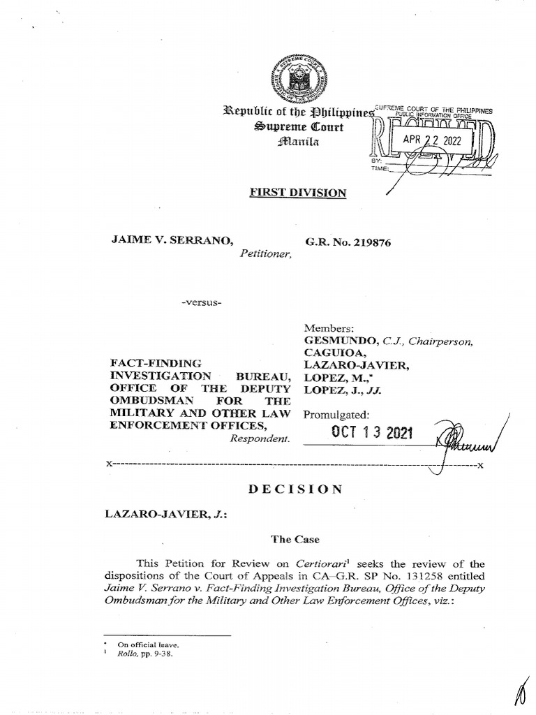 Serrano vs. Fact-Finding Investigation Bureau GR 219876 October 13 2021 ...
