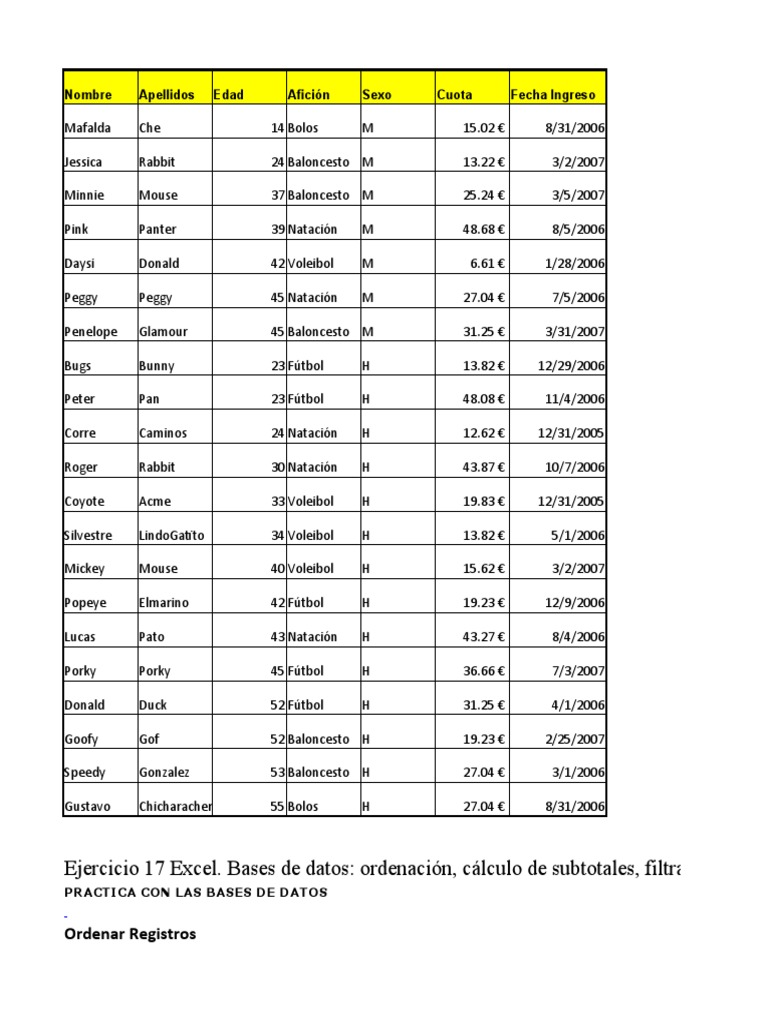 Ejercicios17 - Excel Base de Datos | PDF
