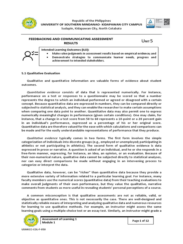 ProfEd221 - Unit 5 - Feedbacking and Communicating Assessment Results PDF | PDF | Educational ...