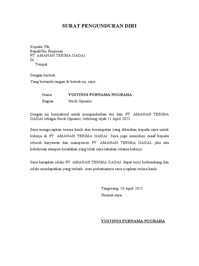 Contoh Surat Pengunduran Diri Karyawan | PDF