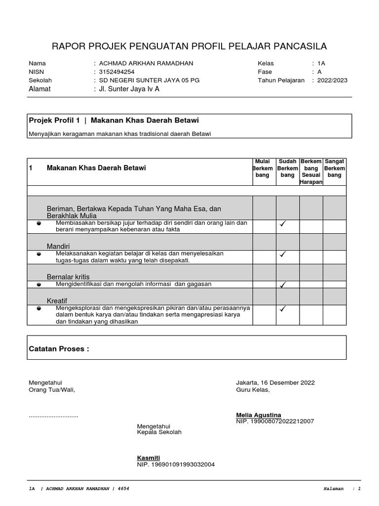 Rapor Projek Penguatan Profil Pelajar Pancasila | PDF