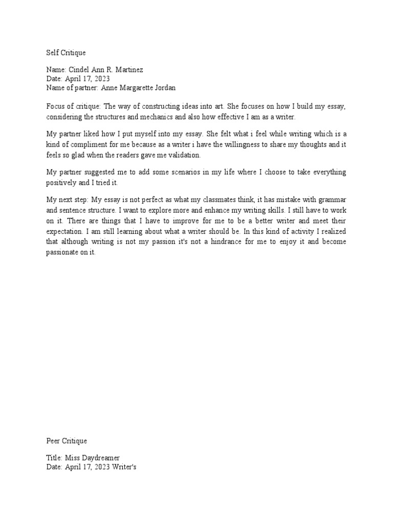 Self Critique | PDF | Essays | Reason