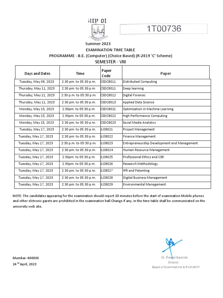 Summer 2023 Examination Timetable for B.E. (Computer) Semester VIII Courses at University of ...