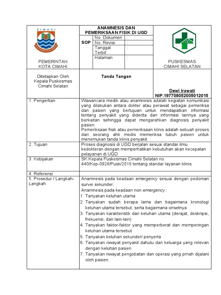 SOP Anamnesis Dan Pemeriksaan Fisik Di IGD | PDF