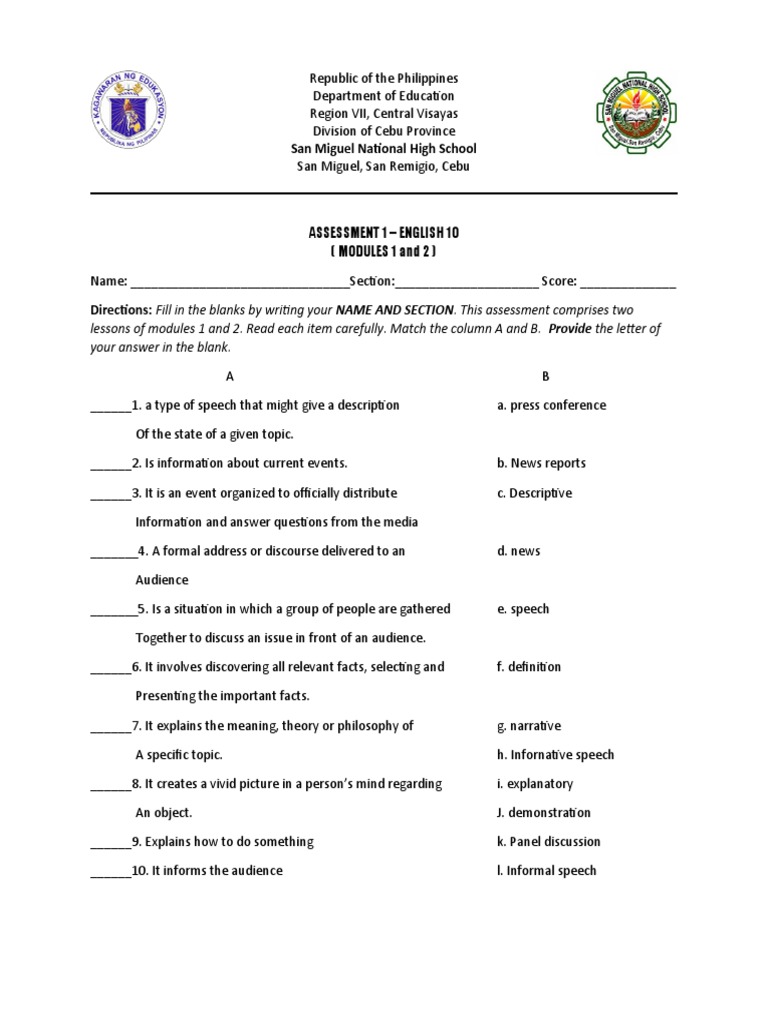 Assessment 1 - English 10 | PDF