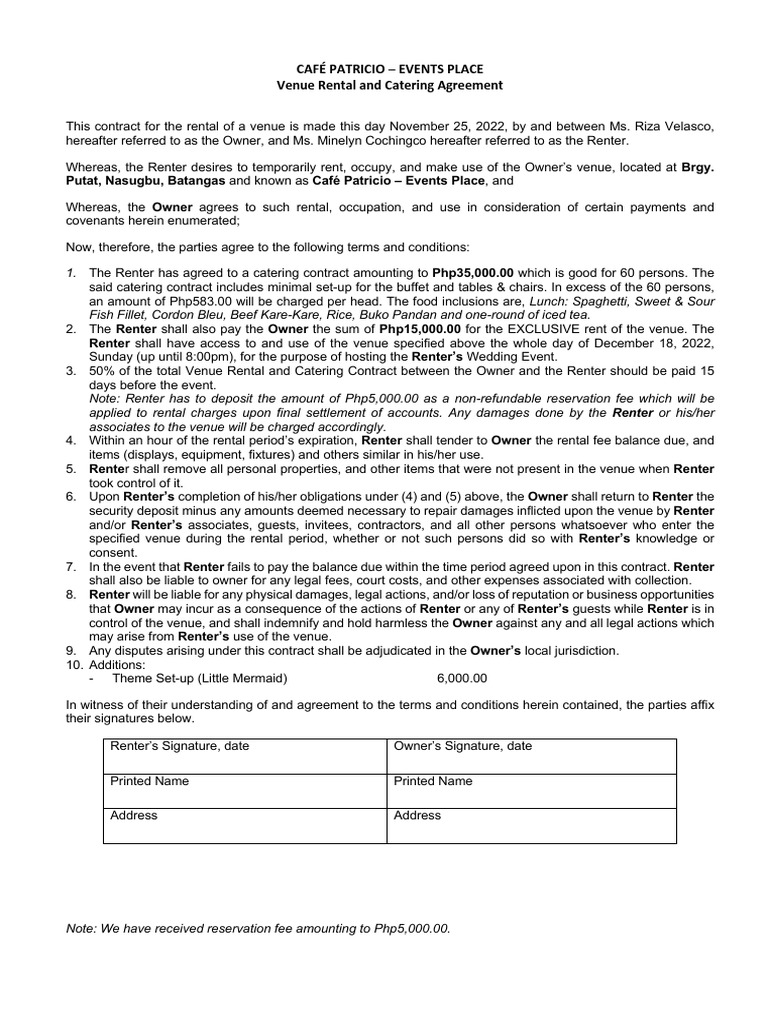 Sample Event Contract PDF | PDF | Renting | Indemnity