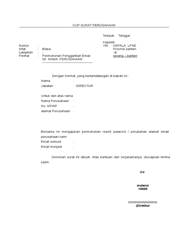 Form Surat Permohonan Permintaan Perubahan Email Untuk Penyedia | PDF