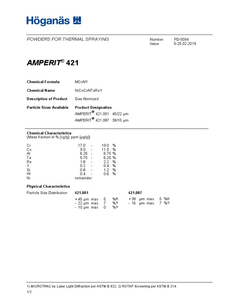Amperit: Powders For Thermal Spraying | PDF | Toxicity | Occupational ...