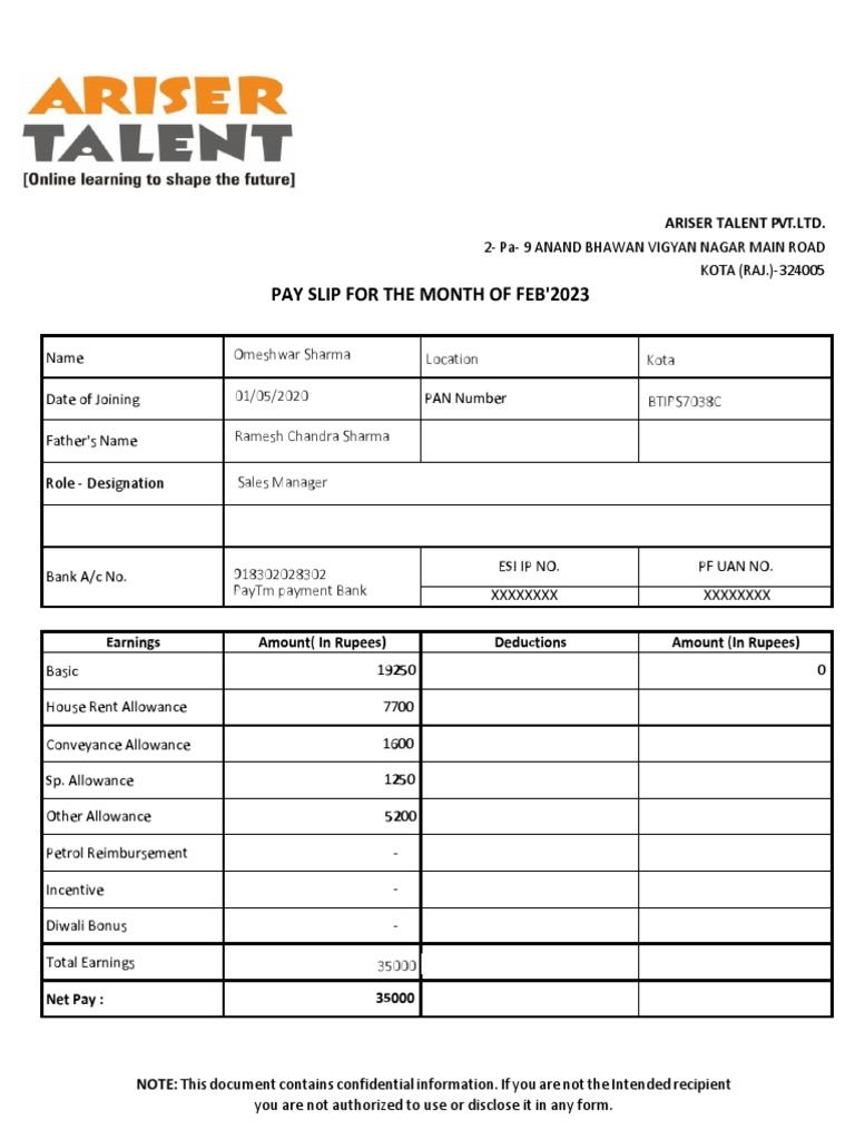 Salary Slip for 35000 - Feb 2023 | PDF
