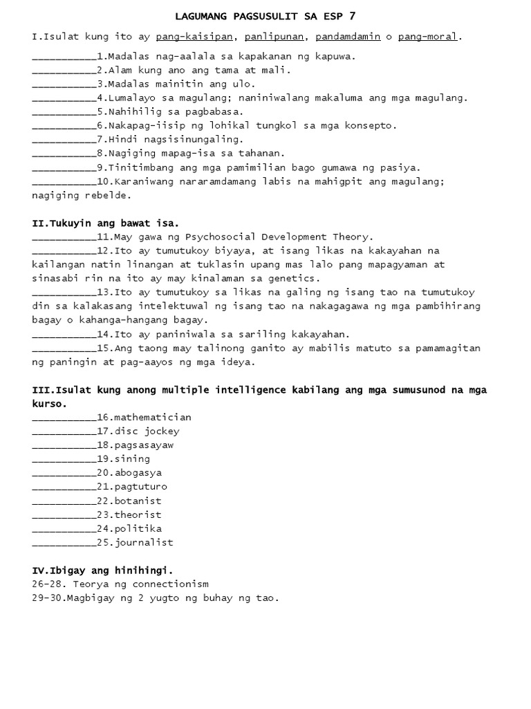 LAGUMANG PAGSUSULIT SA ESP 7.docx | PDF