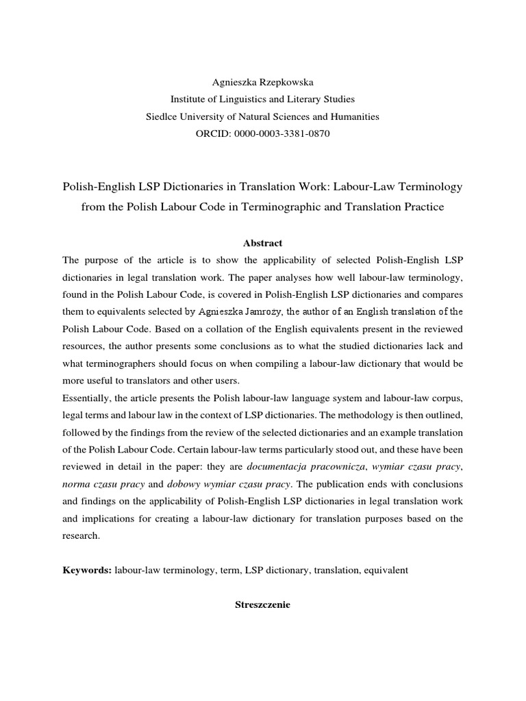 Agnieszka Rzepkowska, Polish-English LSP Dictionaries in Translation ...