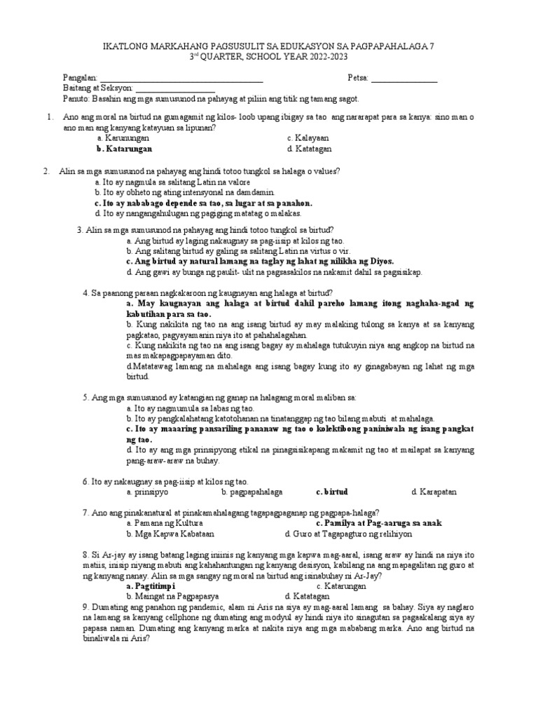 Ikatlong Markahang Pagsusulit Sa Edukasyon Sa Pagpapahalaga 7 | PDF