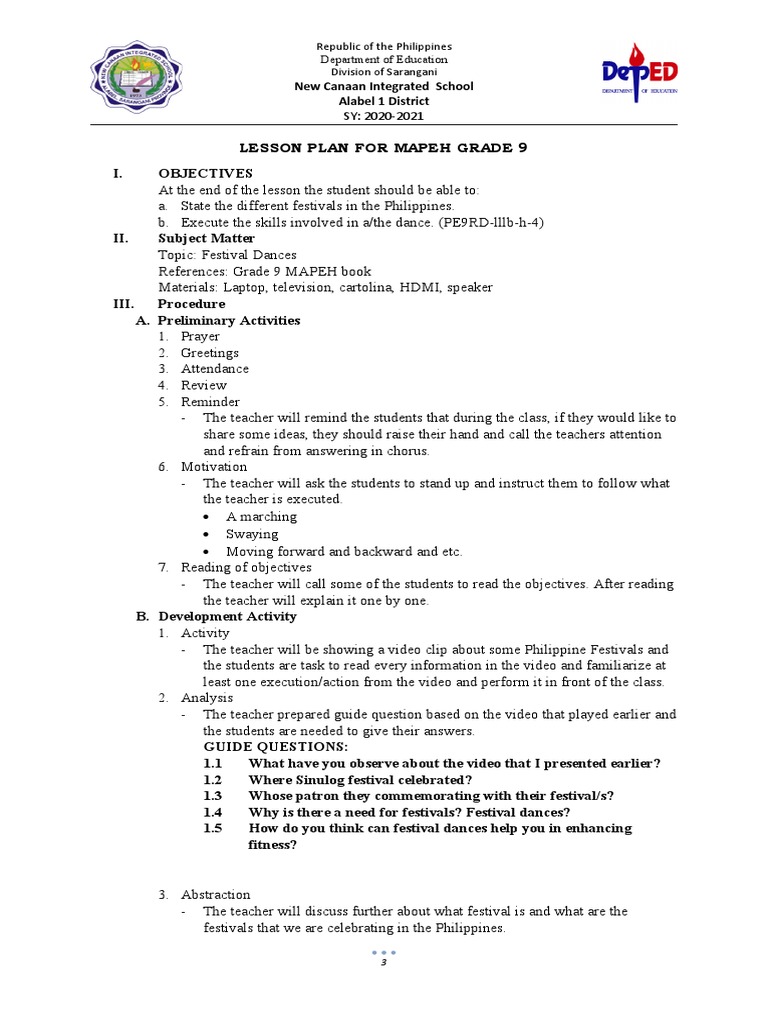 Lesson Plan For Mapeh Grade 9 | PDF