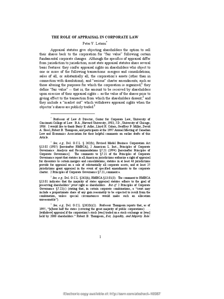Letsou - The Role of Appraisal in Corporate Law PDF | PDF | Real Estate ...