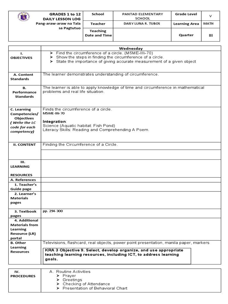 GRADES 1 To 12 Daily Lesson Log: V Daisy Luna R. Tubos Math | PDF