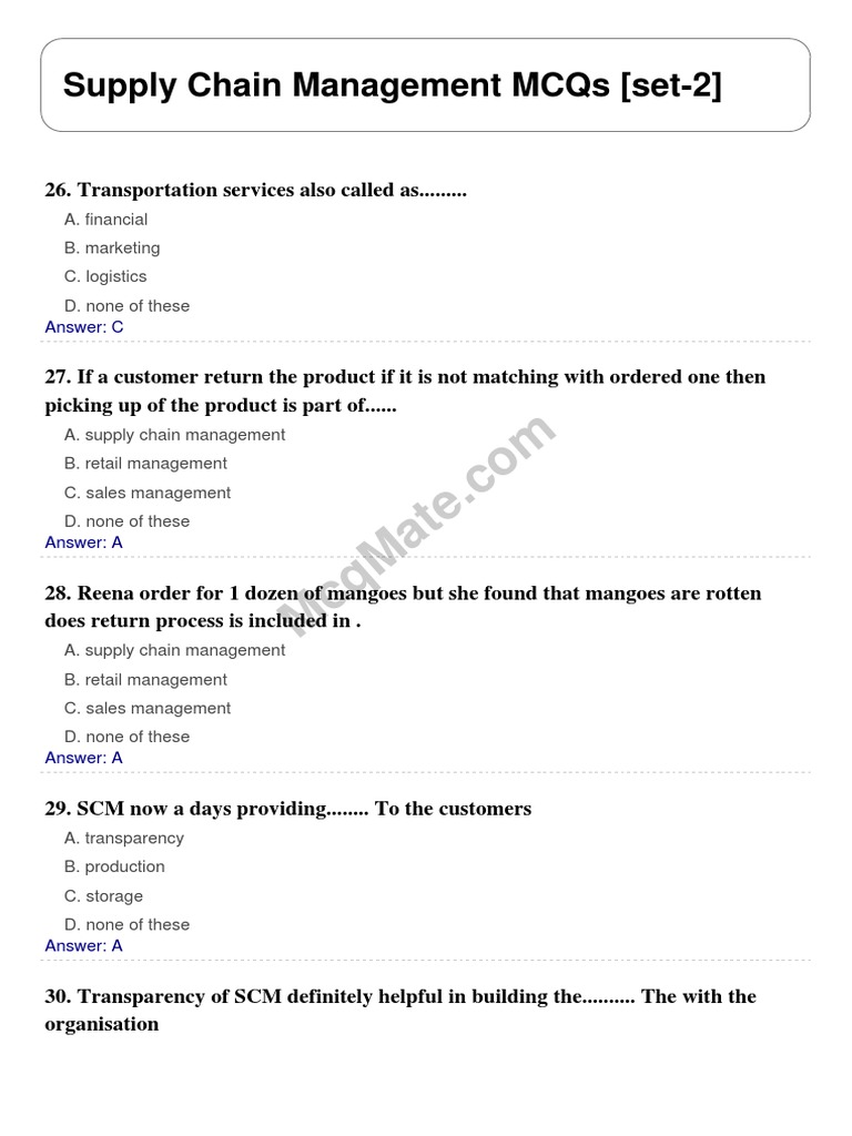 Supply Chain Management Solved MCQs (Set-2) PDF | PDF | Business