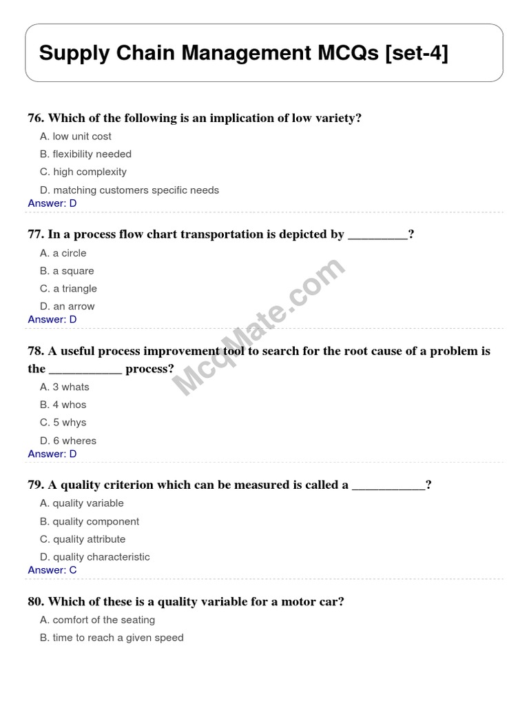 Supply Chain Management Solved MCQs (Set-4) PDF | PDF | Supply Chain | Business